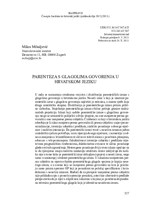 (PDF) Parenteza s glagolima govorenja u hrvatskom jeziku