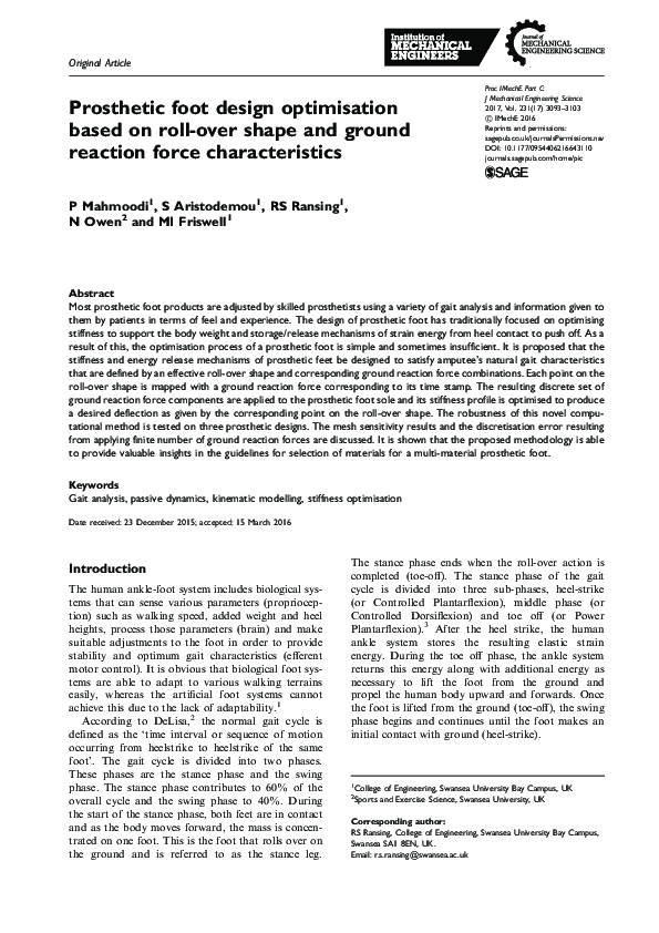 (PDF) Prosthetic foot design optimisation based on roll-over shape and ...