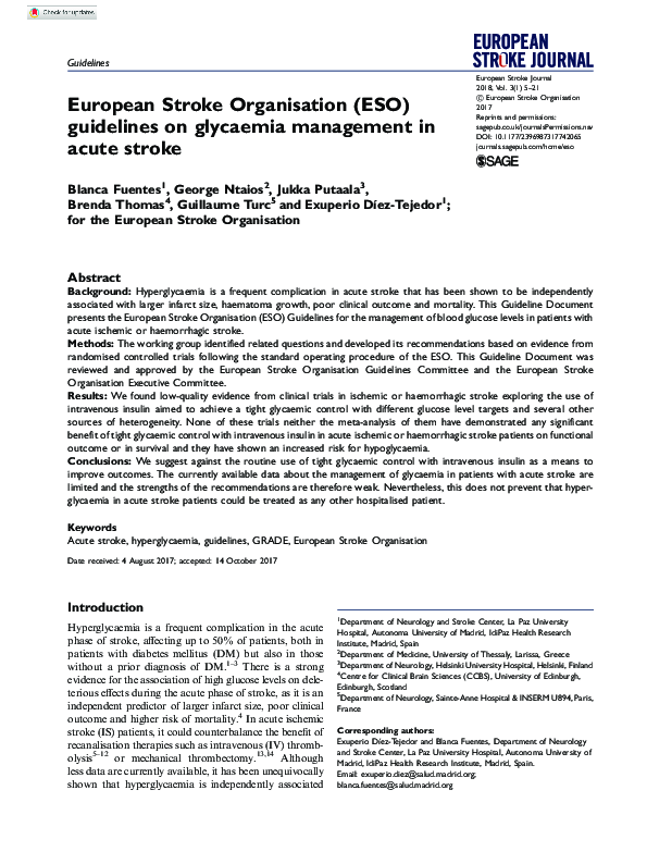 (PDF) European Stroke Organisation (ESO) guidelines on glycaemia ...