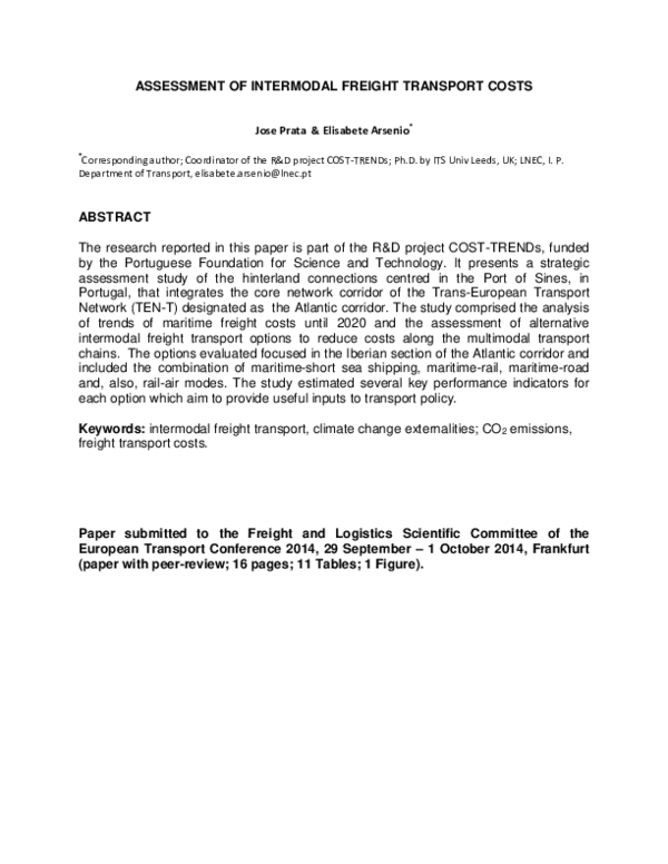(PDF) Assessment of intermodal freight transport costs