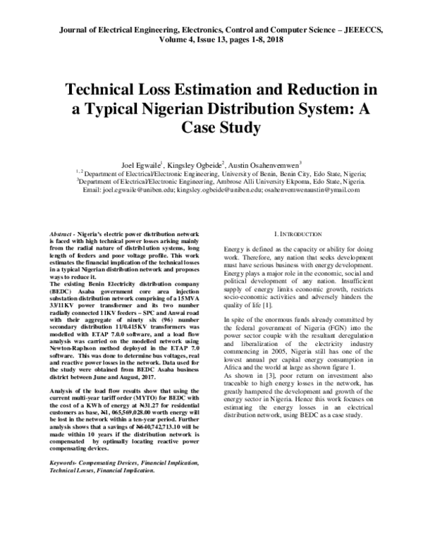 (PDF) Technical Loss Estimation and Reduction in a Typical Nigerian ...