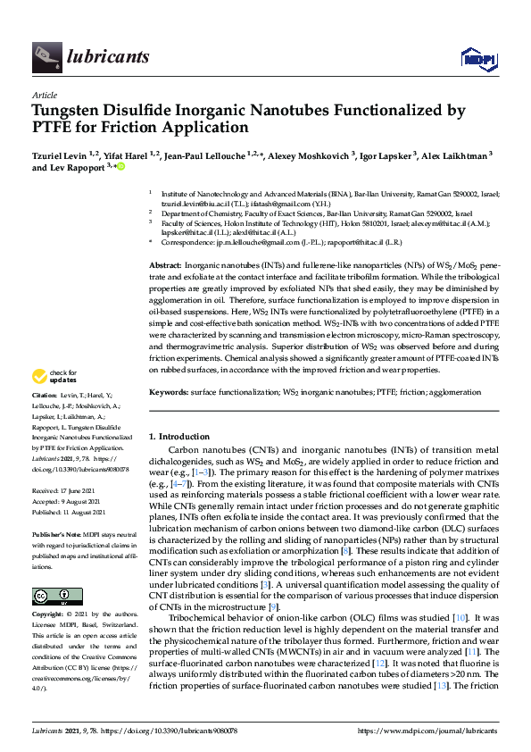 (PDF) Tungsten Disulfide Inorganic Nanotubes Functionalized by PTFE for ...