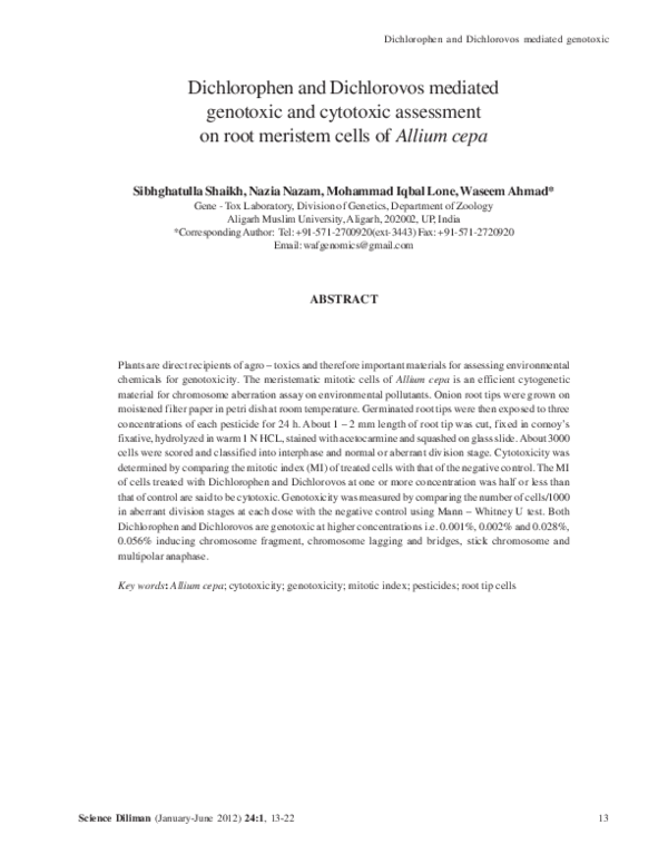 (PDF) Dichlorophen and Dichlorophos mediated genotoxic and cytotoxic ...