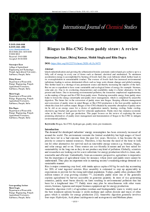 (PDF) Biogas to Bio-CNG from paddy straw: A review