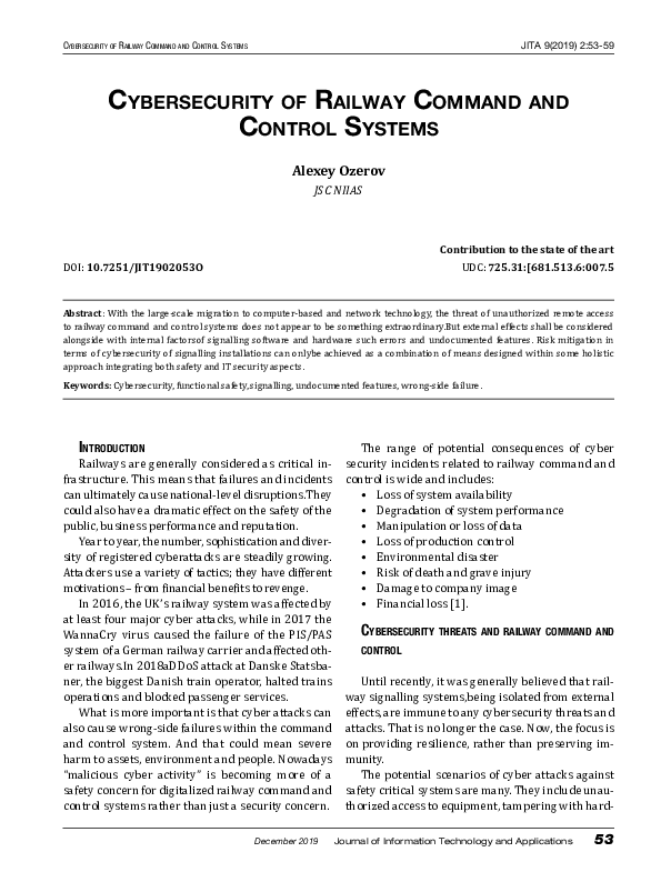 (PDF) Cybersecurity of Railway Command and Control Systems