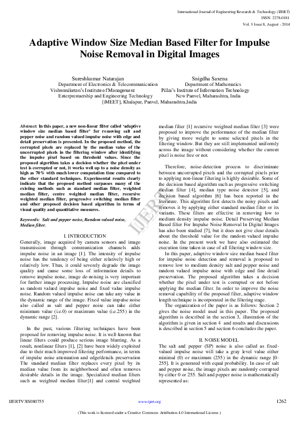Pdf Adaptive Window Size Median Based Filter For Impulse Noise