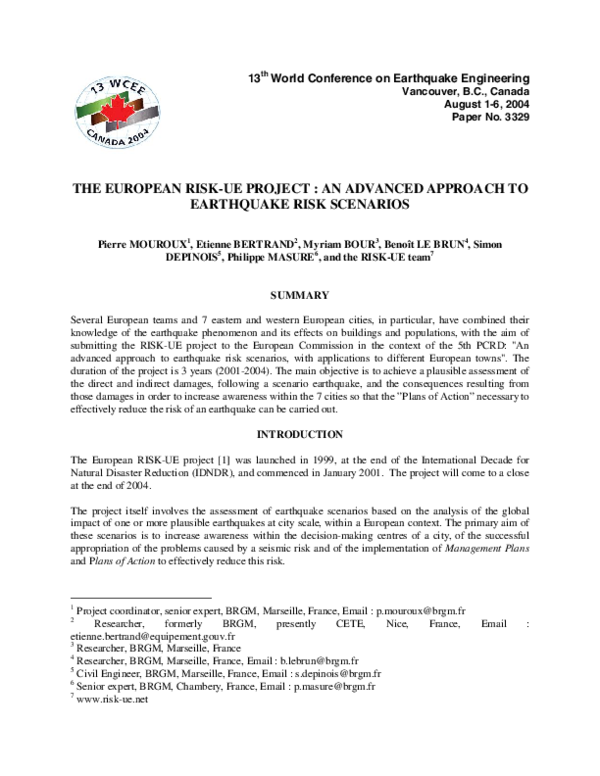 (PDF) The European Risk-Ue Project : An Advanced Approach to Earthquake ...