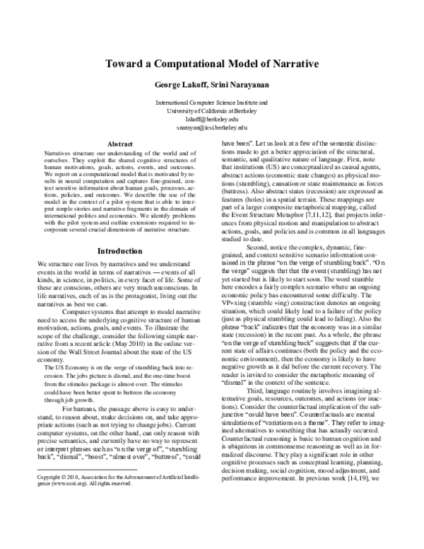 (PDF) Toward a Computational Model of Narrative