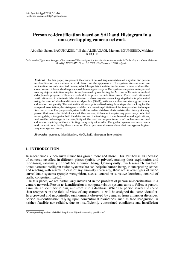 (PDF) Person Re-Identification Based on SAD and Histogram in a Non-Overlapping Camera Network