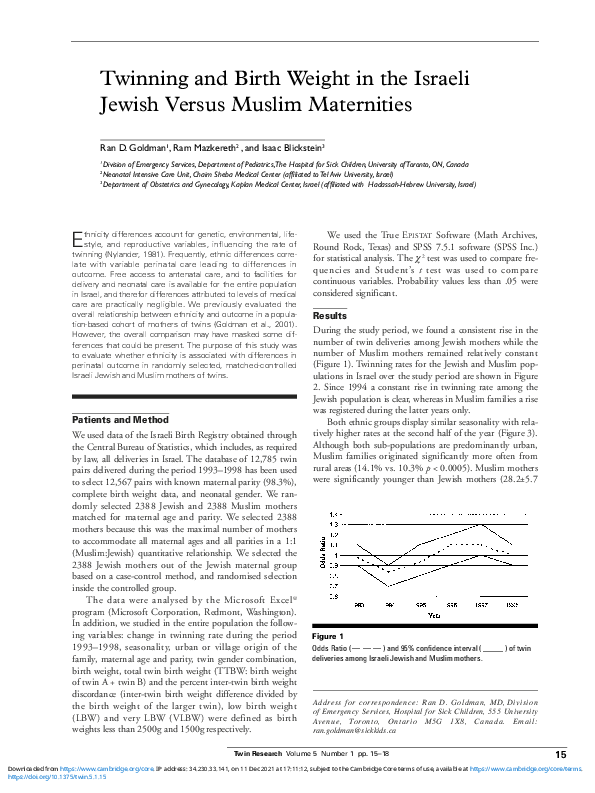 (PDF) Twinning and birth weight in the Israeli Jewish versus Muslim ...