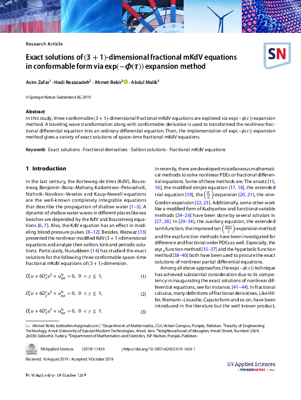 (PDF) Exact solutions of $$(3+1)$$ ( 3 + 1 ) -dimensional fractional mKdV equations in ...
