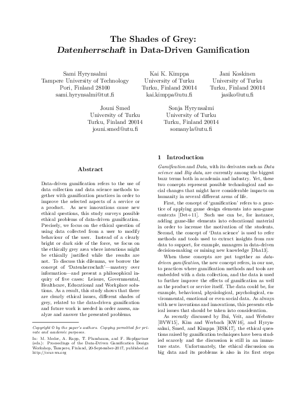 (PDF) The Shades of Grey: Datenherrschaft in Data-Driven Gamification