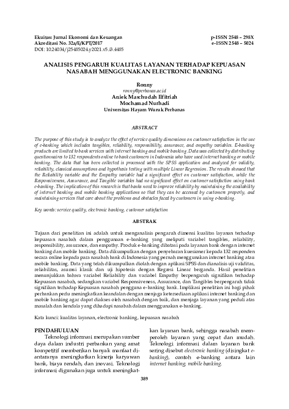 (PDF) Analisis Pengaruh Kualitas Layanan Terhadap Kepuasan Nasabah Menggunakan Electronic Banking