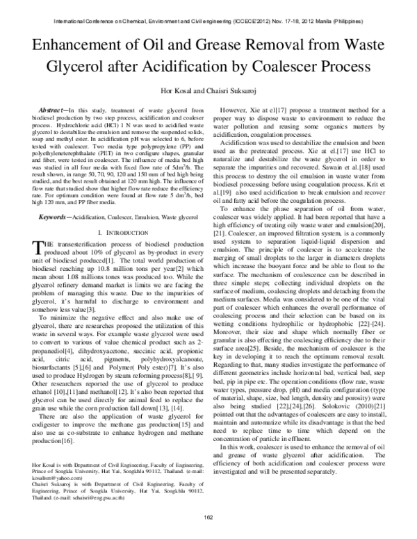 (PDF) Enhancement of Oil and Grease Removal from Waste Glycerol after ...