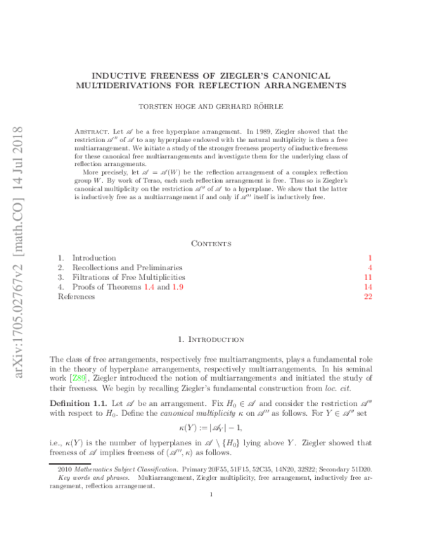 (PDF) Inductive freeness of Ziegler's canonical multiderivations for reflection arrangements