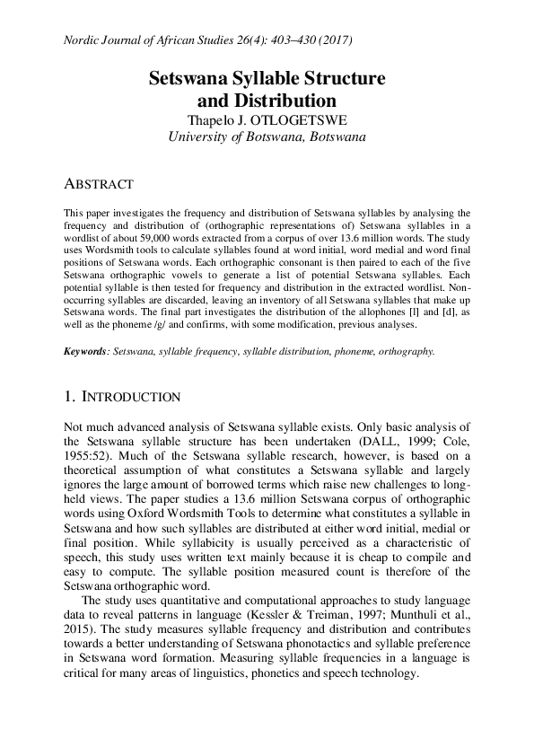 (PDF) Setswana Syllable Structure and Distribution