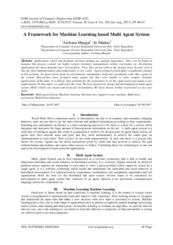(PDF) A Framework for Machine Learning based Multi Agent System