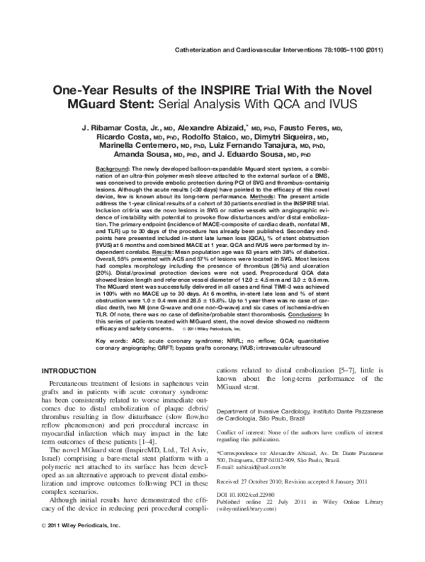 (PDF) One-year results of the INSPIRE trial with the novel MGuard stent ...