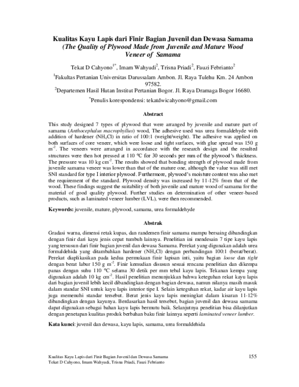 (PDF) Kualitas Kayu Lapis dari Finir Bagian Juvenil dan Dewasa Samama ...