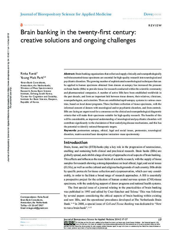 (PDF) Brain banking in the twenty-first century: creative solutions and ...