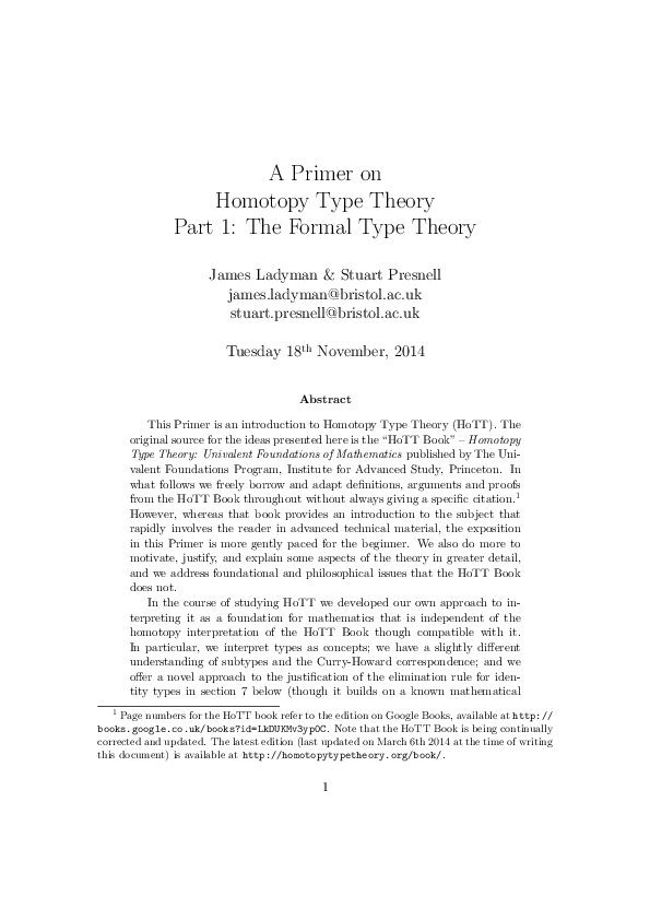 (PDF) A Primer on Homotopy Type Theory Part 1: The Formal Type Theory