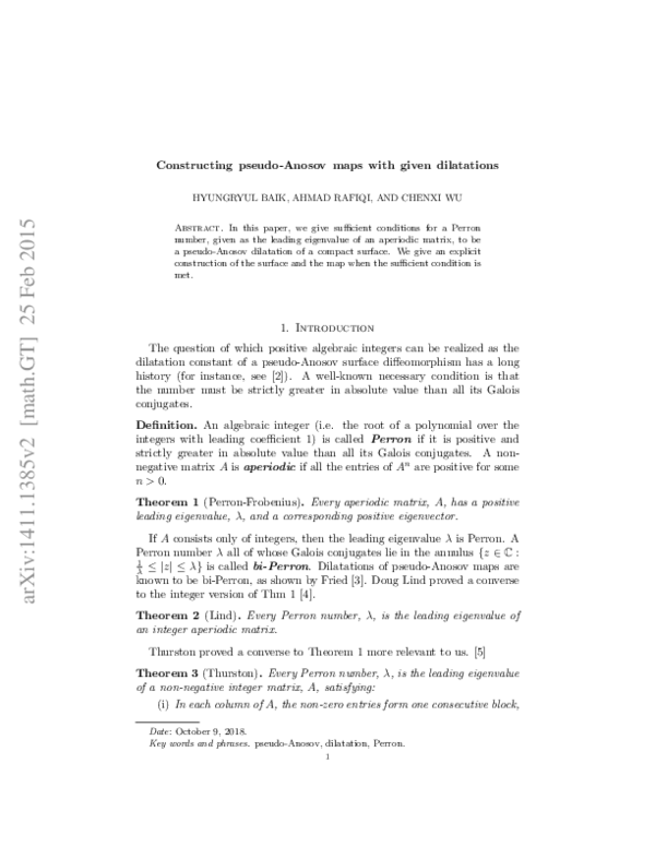 (PDF) Constructing pseudo-Anosov maps with given dilatations | Ahmad ...