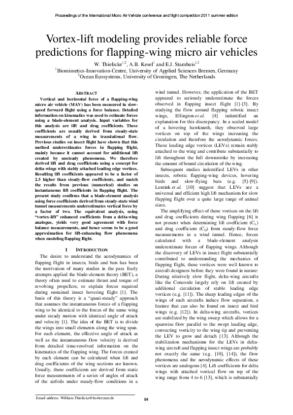 (PDF) Vortex-lift modeling provides reliable force predictions for flapping-wing Micro Air Vehicles