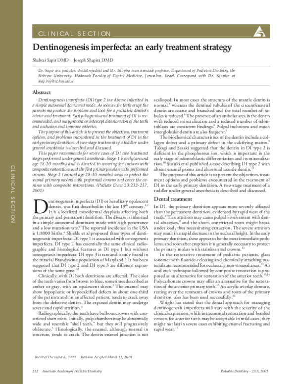 (PDF) Dentinogenesis imperfecta: an early treatment strategy