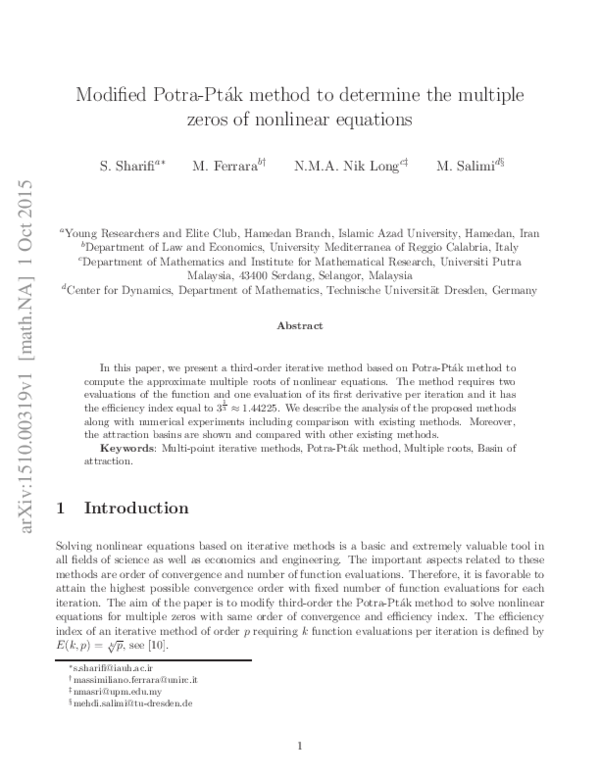 (PDF) N A ] 1 O ct 2 01 5 Modified Potra-Pták method to determine the multiple zeros of ...