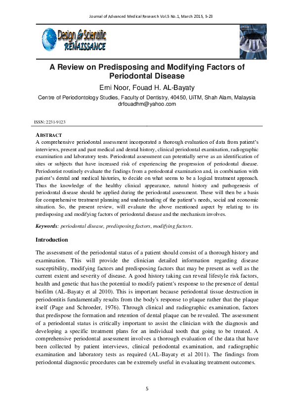 (PDF) A Review on Predisposing and Modifying Factors of Periodontal Disease