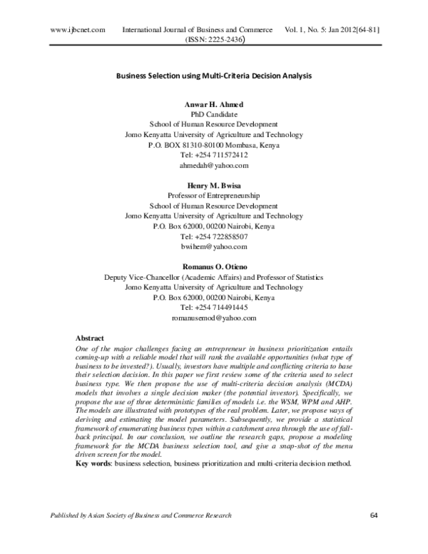 (PDF) Business Selection using Multi-Criteria Decision Analysis