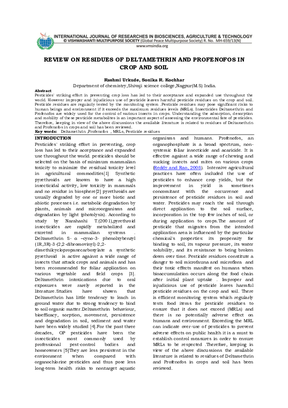 (PDF) On Residues of Deltamethrin and Profenofos in Crop and Soil