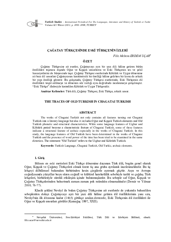 (PDF) The Traces Of Old Turkish In Chagatai Turkish
