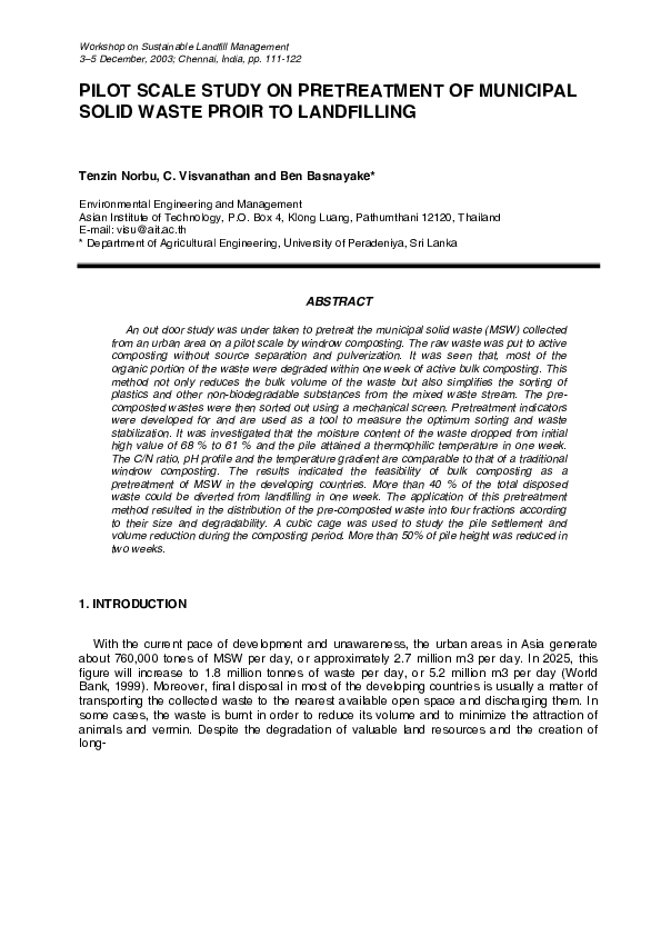 (PDF) Pilot Scale Study on Pretreatment of Municipal Solid Waste Proir ...