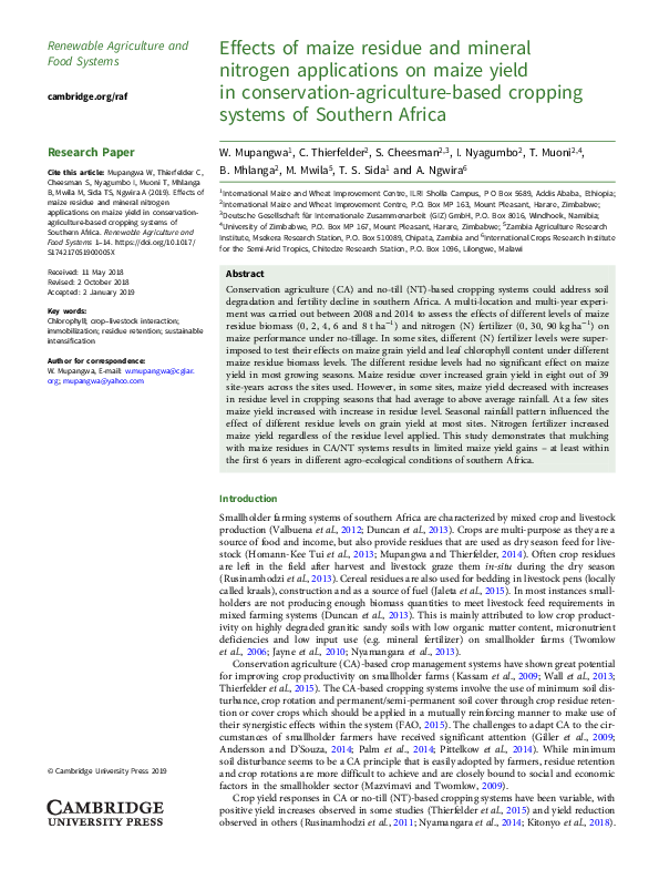 (PDF) Effects of maize residue and mineral nitrogen applications on maize yield in conservation ...