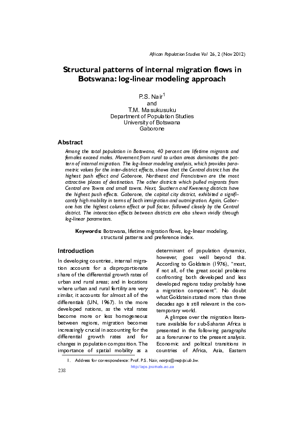 (PDF) Structural patterns of internal migration flows inBotswana: log-linear modeling approach ...