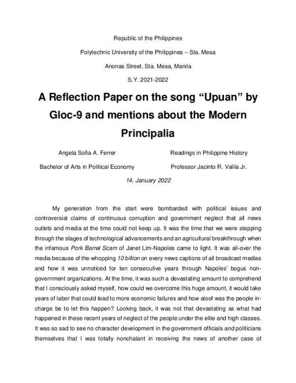 (PDF) ACT 8: A Reflection Paper on the song "Upuan" by Gloc-9 and ...