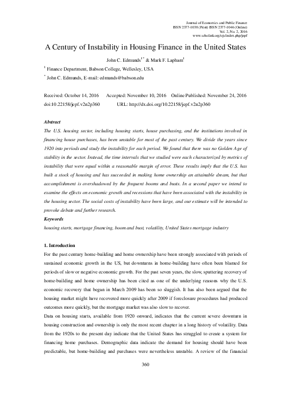 (PDF) A Century of Instability in Housing Finance in the United States