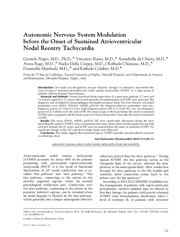 Pdf Autonomic Nervous System Modulation Before The Onset Of Sustained Atrioventricular Nodal