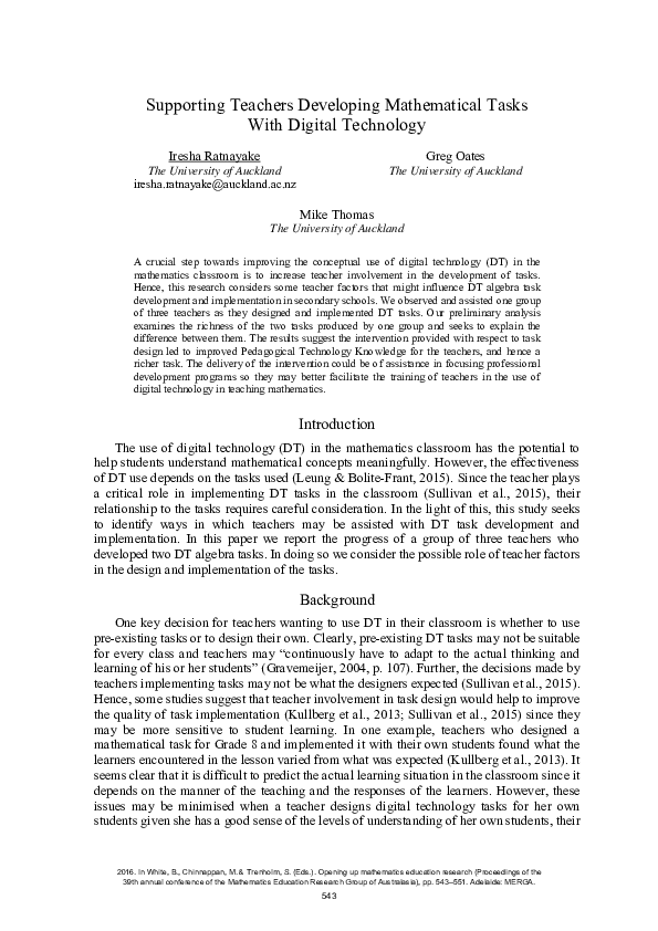 (PDF) Supporting teachers developing mathematical tasks with digital technology