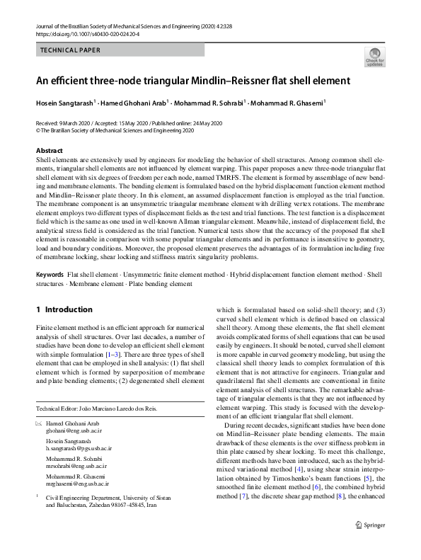 (PDF) An efficient three-node triangular Mindlin–Reissner flat shell element