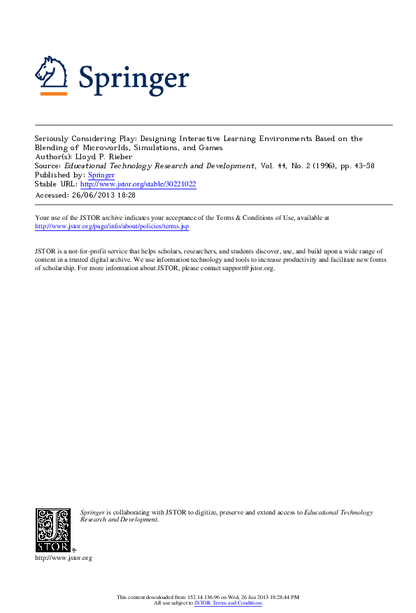 (PDF) Seriously considering play: Designing interactive learning environments based on the ...