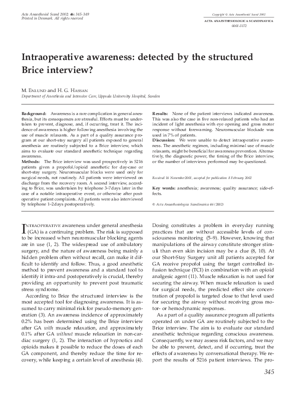 (PDF) Intraoperative awareness: detected by the structured Brice interview?