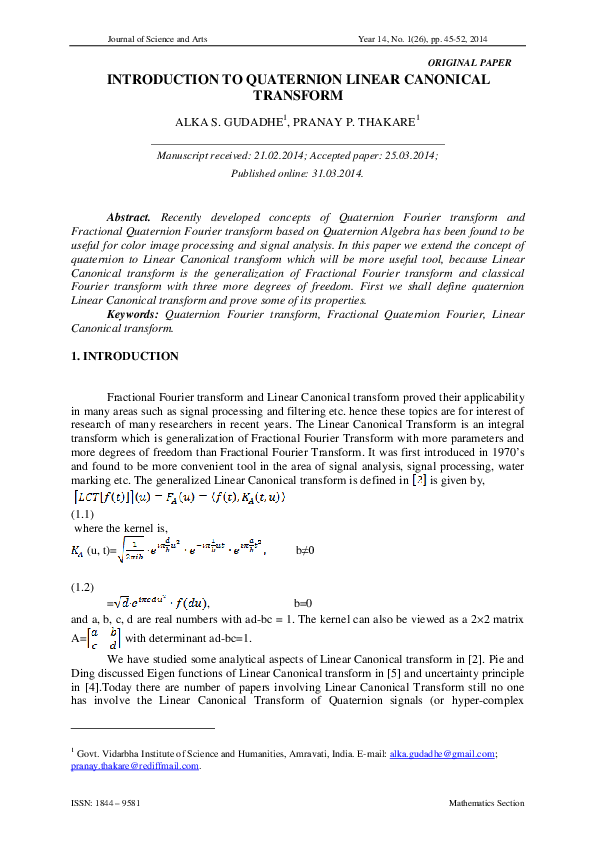 (PDF) Introduction to Quaternion Linear Canonical Transform