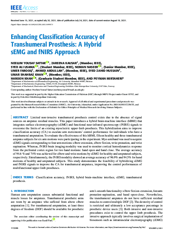 (PDF) Enhancing Classification Accuracy of Transhumeral Prosthesis: A Hybrid sEMG and fNIRS Approach