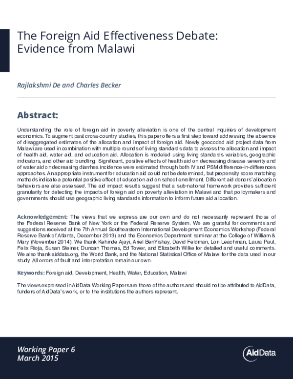 (PDF) The Foreign Aid Effectiveness Debate: Evidence from Malawi ...