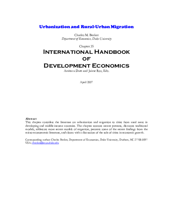 (PDF) Urbanization and rural-urban migration