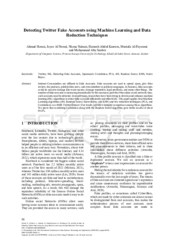 Pdf Detecting Twitter Fake Accounts Using Machine Learning And Data Reduction Techniques