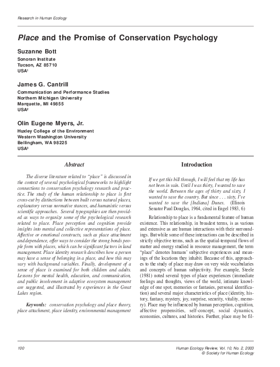 (PDF) Place and the Promise of Conservation Psychology