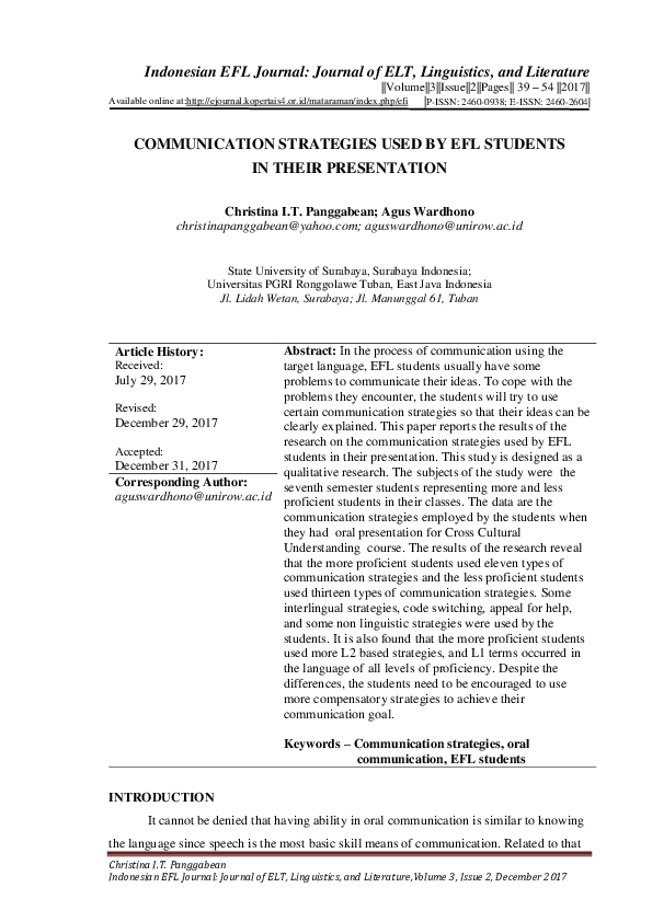 (PDF) Communication Strategies used by EFL Students in Their Presentation